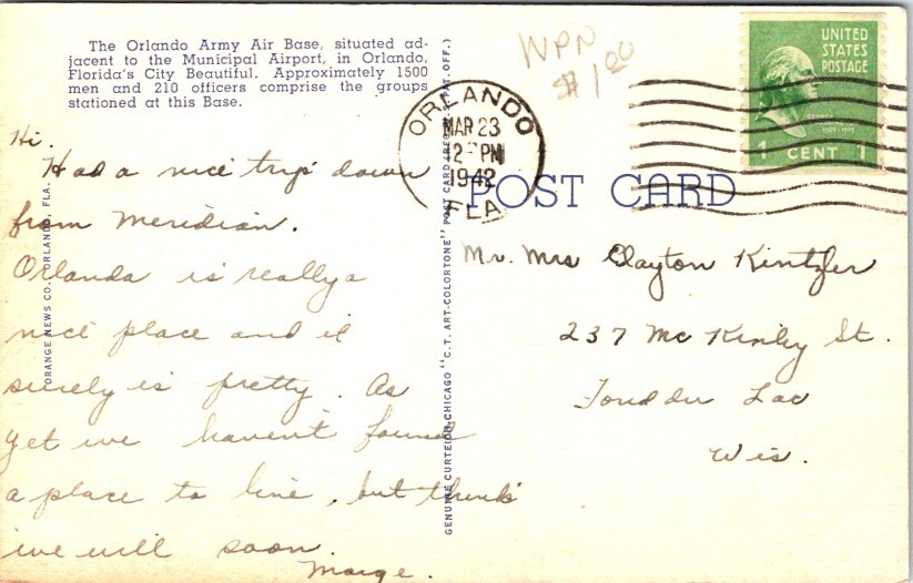 Vintage Postcard Plane Flying Orlando Army Air Base Orlando Florida FL ...
