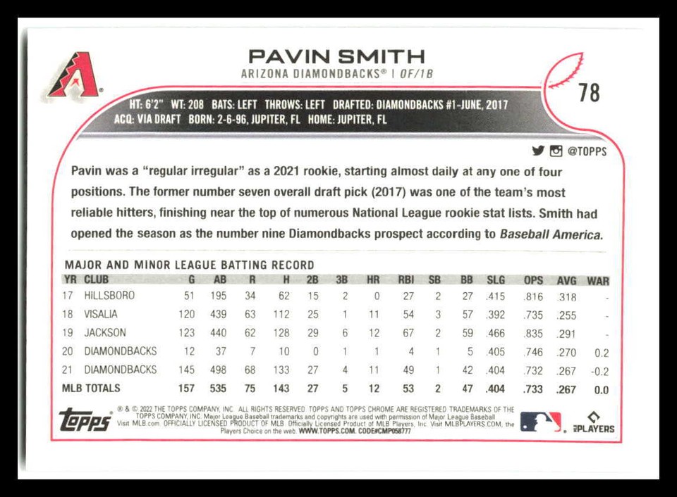 2022 Topps Chrome Ben Baller #78 Pavin Smith Arizona Diamondbacks | eBay
