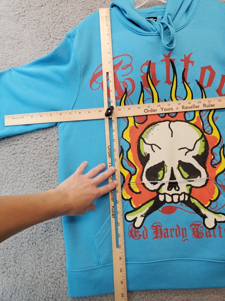 Ed Hardy Pullover Sweatshirt Hoodie Blue Skull Flames Tattoo Mens ...