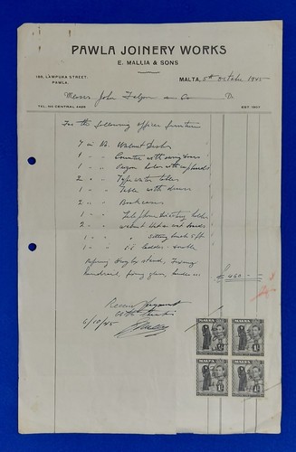 1945 Malta Invoice by Pawla Joinery Works + KGVI + Block of 4 (1938) 1s ...