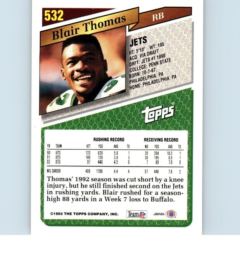 Blair Thomas 532 Jets 1993 Topps NFL Football Trading Card | eBay