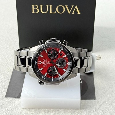 Bulova Men's Marine Star Chronograph Red Dial Stainless Quartz Watch ...