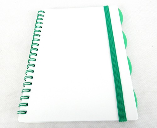 Wire Bound Notebook w/4 Dividers, White w/Green Accent, Elastic Closure ...