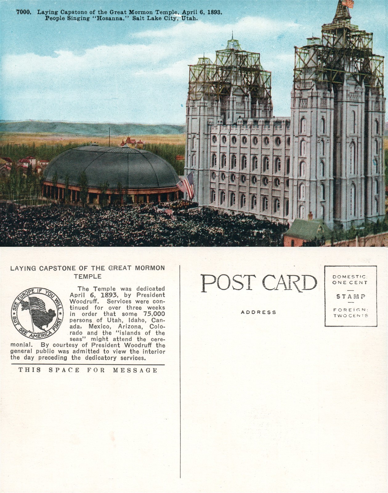 SALT LAKE CITY LAYING CAPSTONE OF GREAT MORMON TEMPLE ANTIQUE POSTCARD ...
