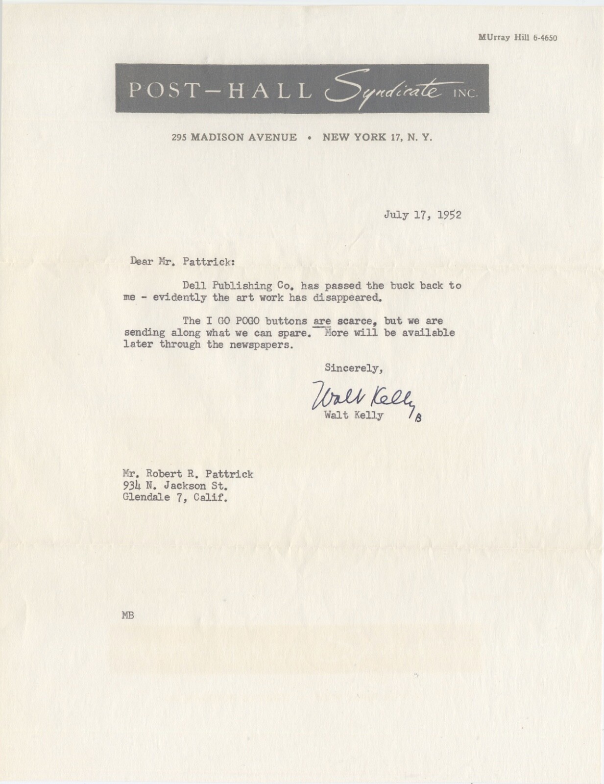 ALBERT Letter SIGNED by POGO Creator WALT KELLY on Post-Hall Stationery ...