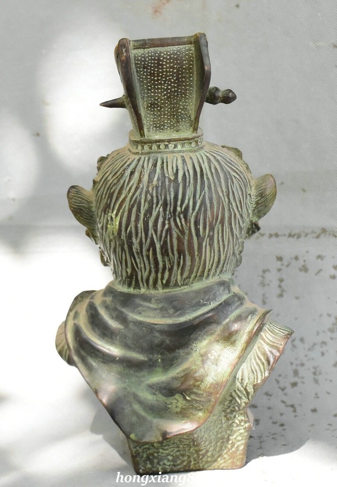 23CM Old China Pure Bronze Gild Sun Wukong Monkey King Head Bust Statue ...