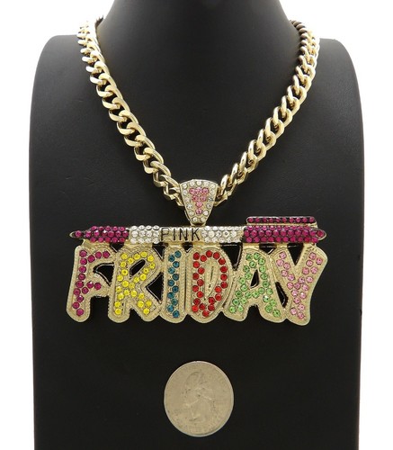 WOMEN ICY PINK FRIDAY PENDANT & 10mm 18" 20" CUBAN CHOKER CHAIN HIP HOP ...