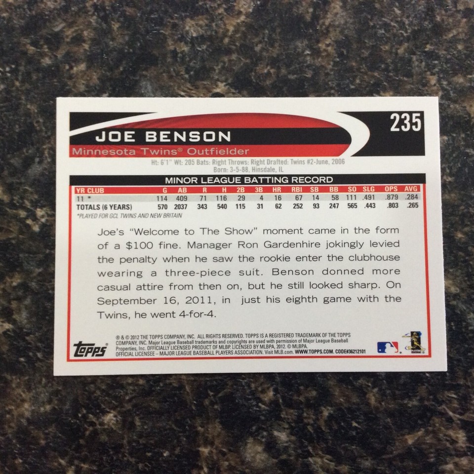 2012 Topps #235 Joe Benson RC Minnesota Twins | eBay