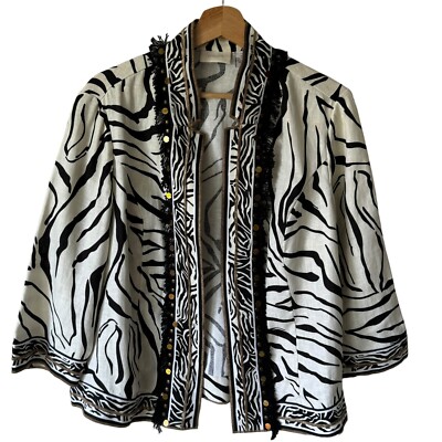 Chico's Sz 2 US Med Linen Animal Print Jacket Blazer Open Front Fringe ...
