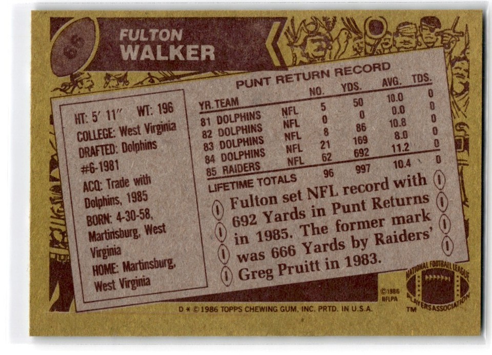 1986 Topps Fulton Walker RC Los Angeles Raiders #66 | eBay