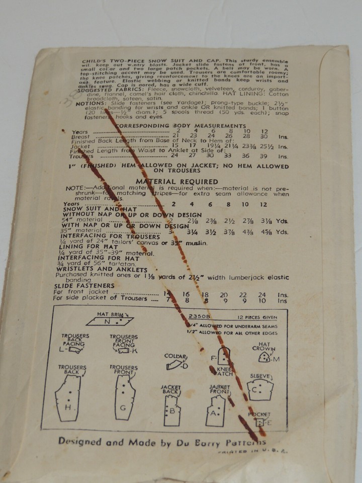 Vintage DU Barry 2350B 1940's - 1950's Child's Snow Suit w Hat Pattern ...