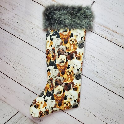 Dog Breeds Christmas Stocking With Faux Fur Trim Gray 21" Holiday Puppy ...