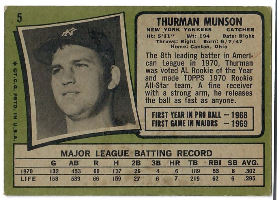 THURMAN MUNSON ~ NEW YORK YANKEES ~ 1971 TOPPS #5 BASEBALL CARD ...