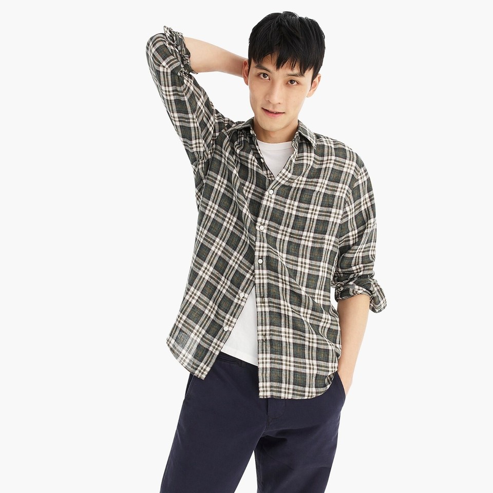 NEW J.CREW SLIM ALBINI ITALIAN LINEN SHIRT IN OLIVE PLAID / MEDIUM M | eBay