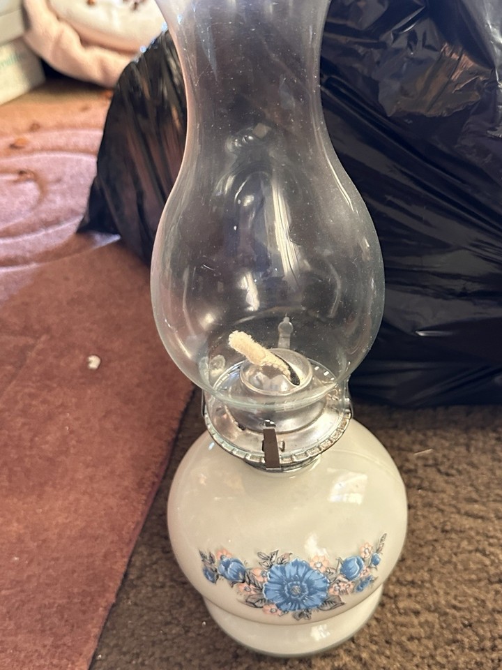 Vintage Milk Glass Hurricane Oil Lamp Blue Floral Design Home Décor | eBay