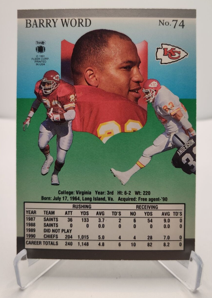 1991 Fleer Ultra Football #74 Barry Word Kansas City Chiefs football ...