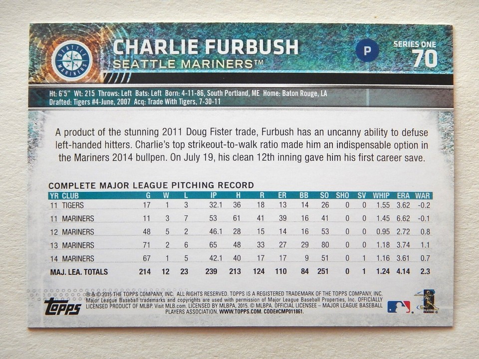 Charlie Furbush #70 Topps 2015 Baseball Card (Seattle Mariners) LN | eBay