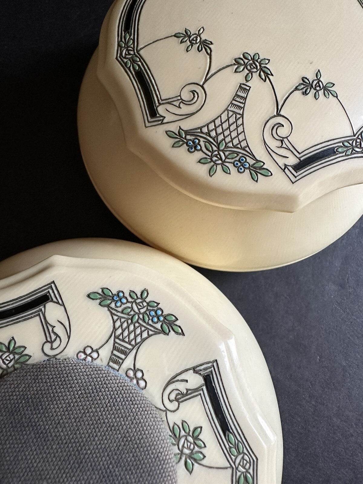 2 Vintage Ivory Pyralin Dubarry French Celluloid Vanity Dresser Powder ...