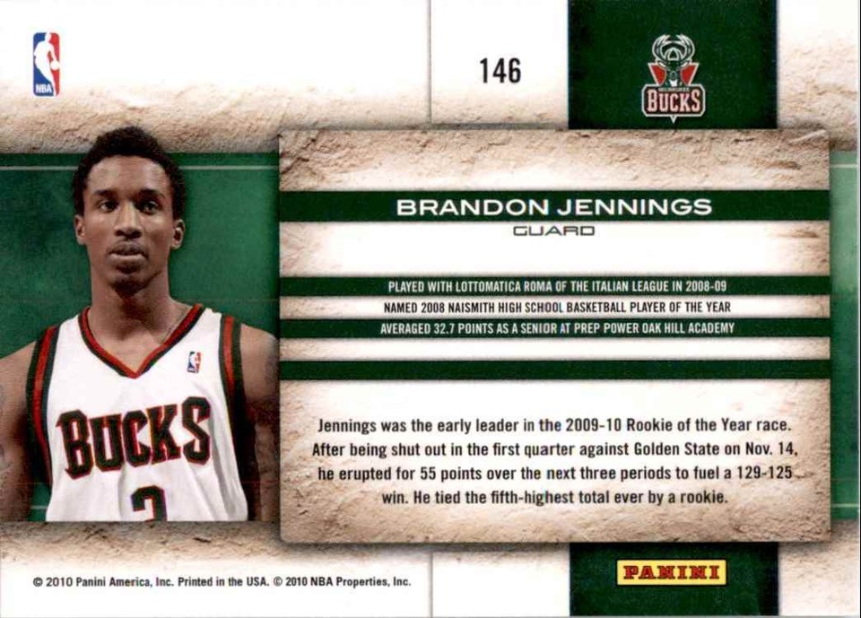 2010-11 Panini Studio Rookie BRANDON JENNINGS Milwaukee Bucks #146 | eBay
