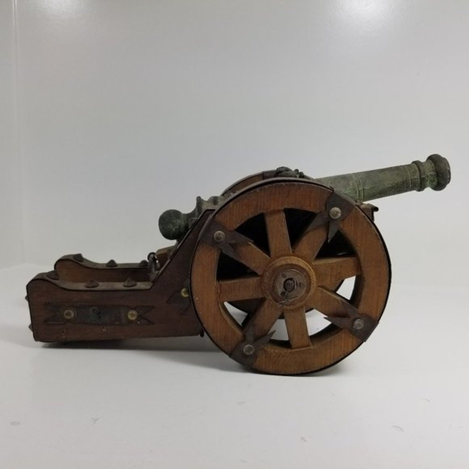 Vintage Spanish cannon replica wood base and copper cannon and steel ...