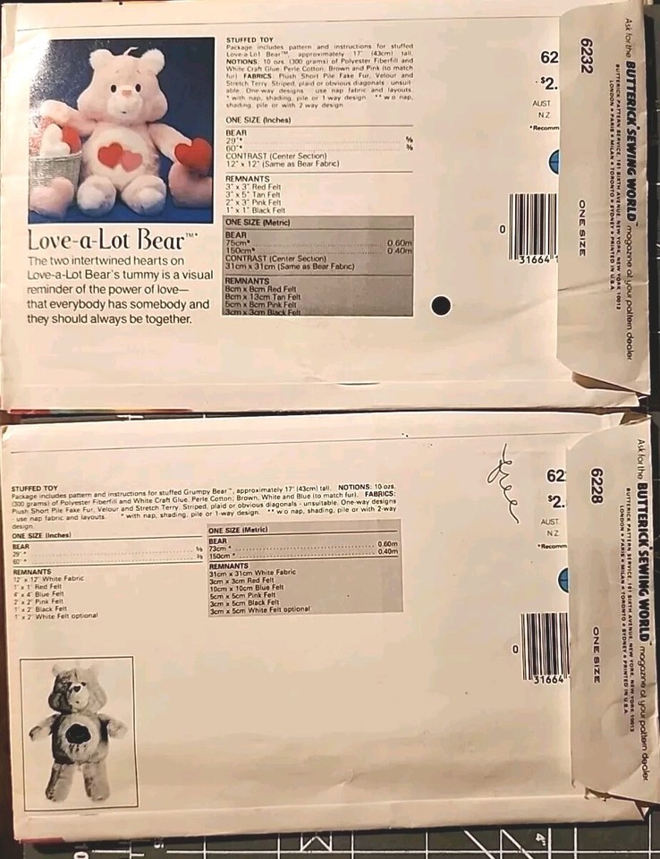 CARE BEARS Butterick Patterns 1983 Vintage 6228 & 6232 Love a Lot ...