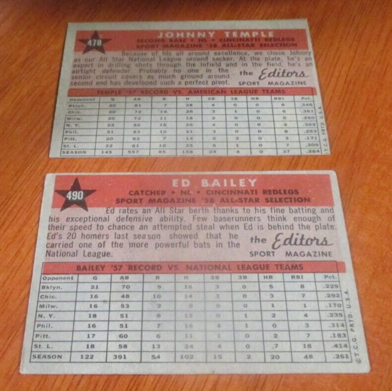 2) 1958 Topps Cincinnati Reds All-Star baseball cards #478 Temple #490 ...