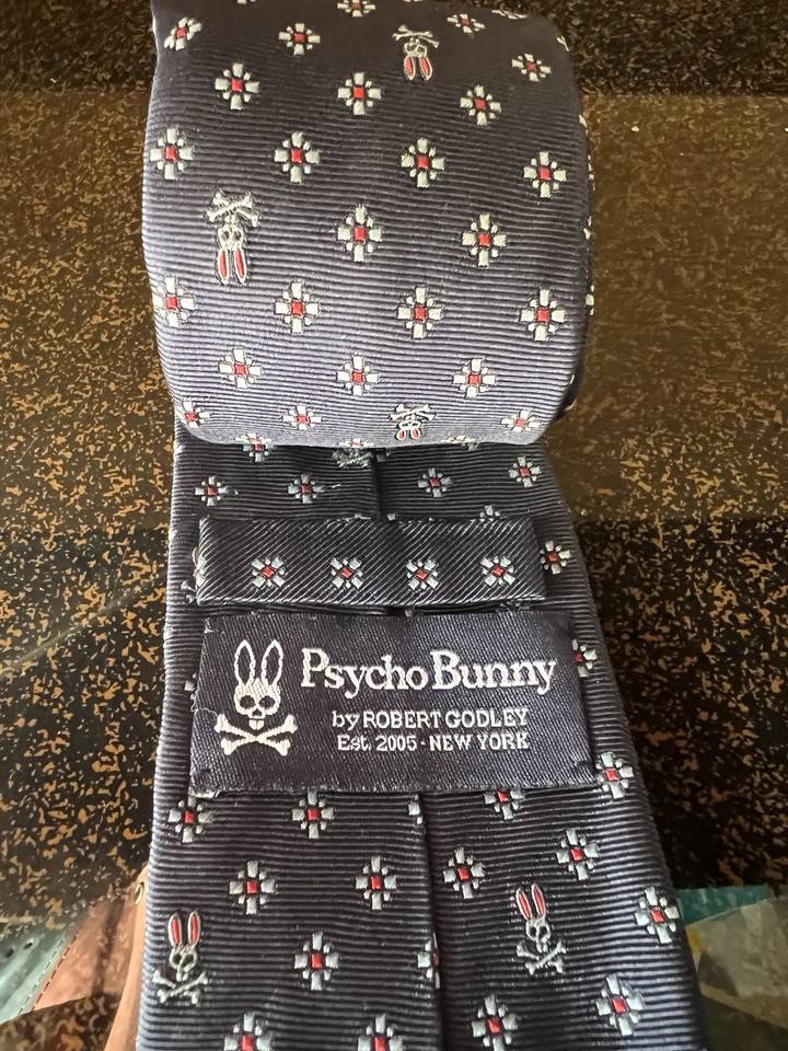 Psycho Bunny Tie By Robert Godley Navy Blue flowers red center | eBay