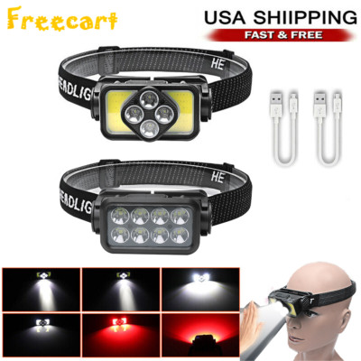 COB LED Headlamp USB Rechargeable Headlight Torch Work Light Bar Head ...