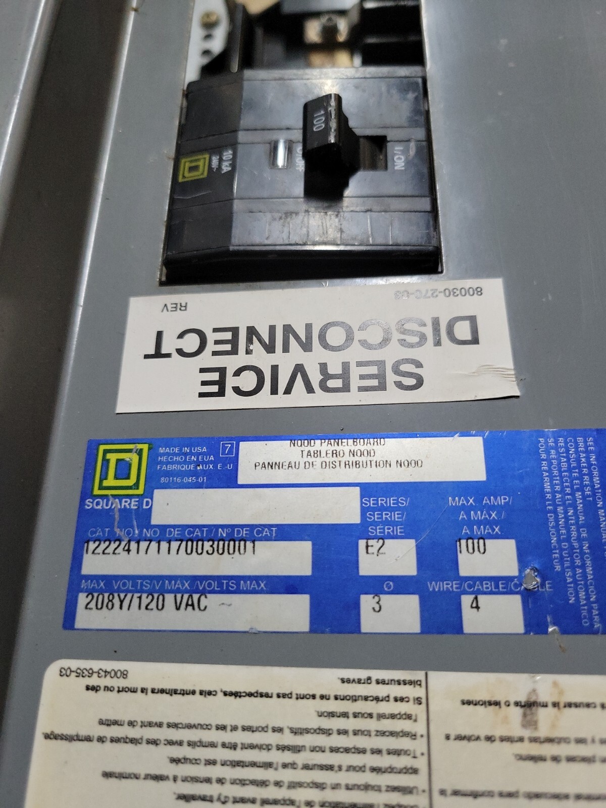 SQUARE D NQOD 100 AMP MCB INTERIOR 12 Space 3 Phase 208/120V | eBay