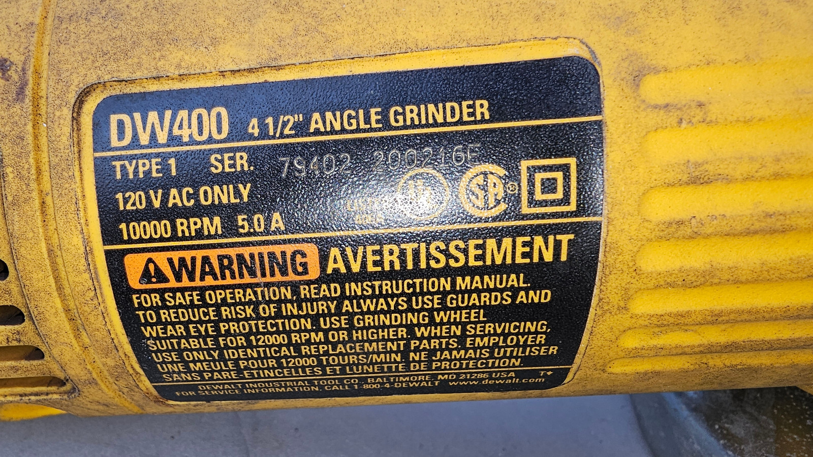 24DD36 DEWALT DW400 ANGLE GRINDER, WORKS FINE, NEEDS CORD REDONE, 4-1/2 ...