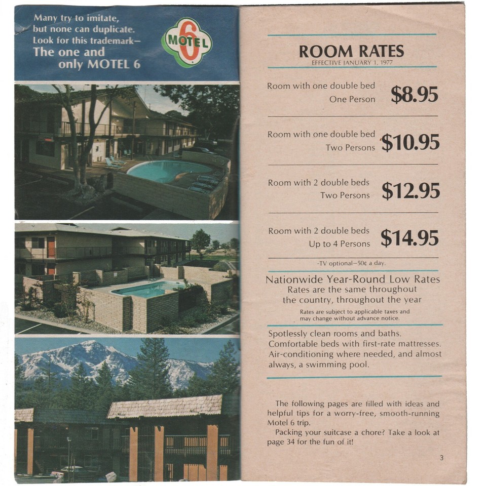 1977 Motel 6 Room Rate Directory Mod Colorful Rainbow Graphic Maps Info ...