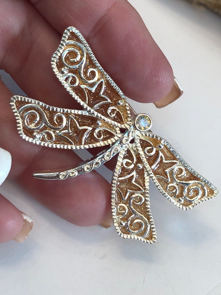 Vintage Pin Brooch Modern Dragonfly rhinestone Head Enameled wings | eBay