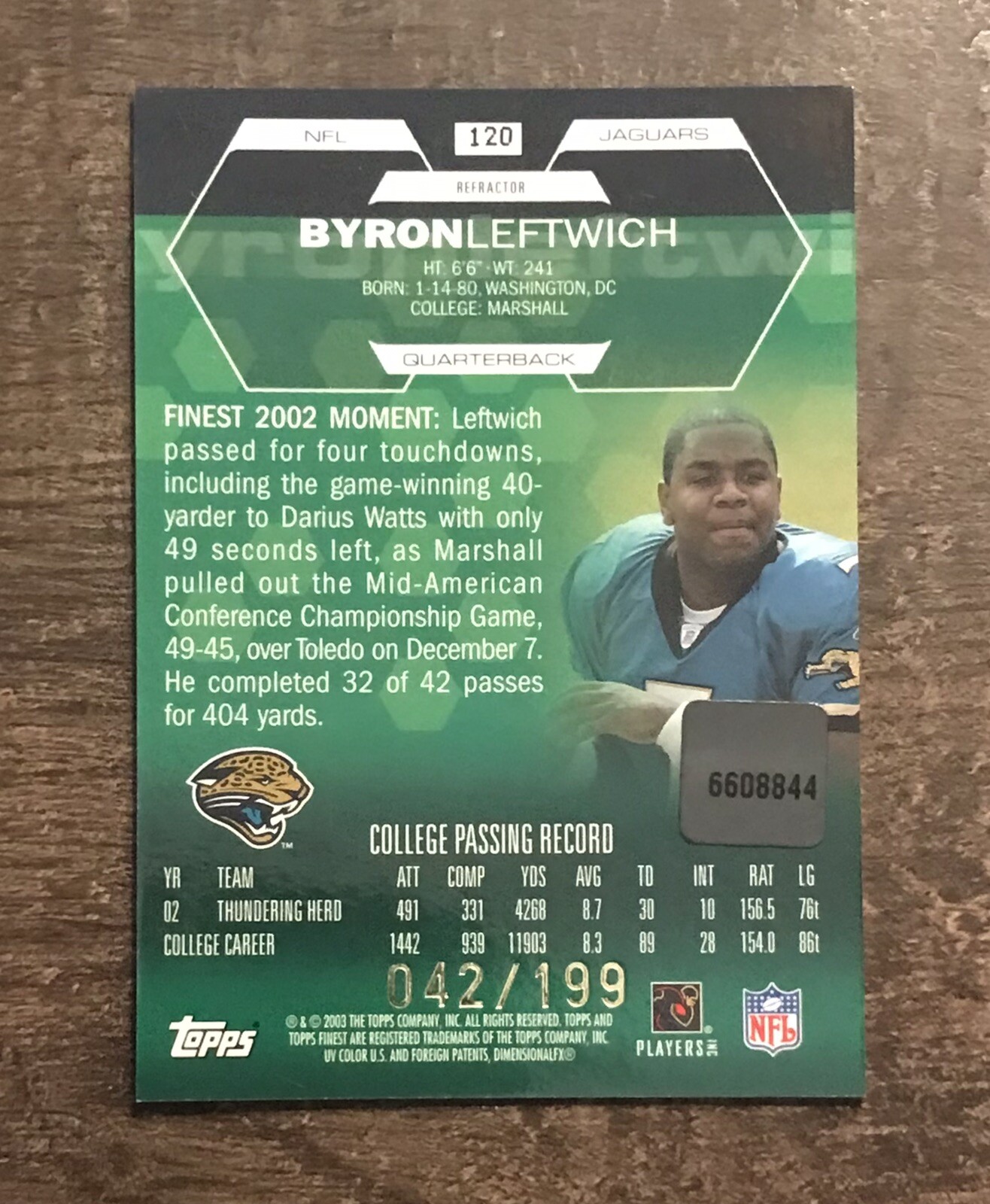 2003 Topps Finest Byron Leftwich Refractor Rookie 42/199 Auto Autograph ...