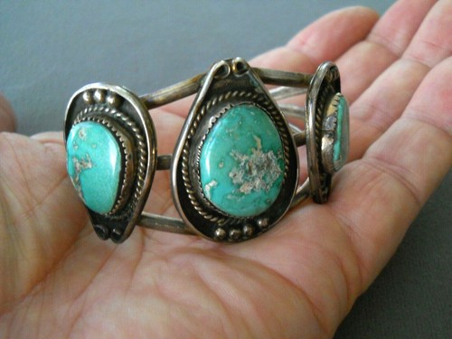 Old Native American Green 3-Stone Turquoise Sterling Silver Cuff ...