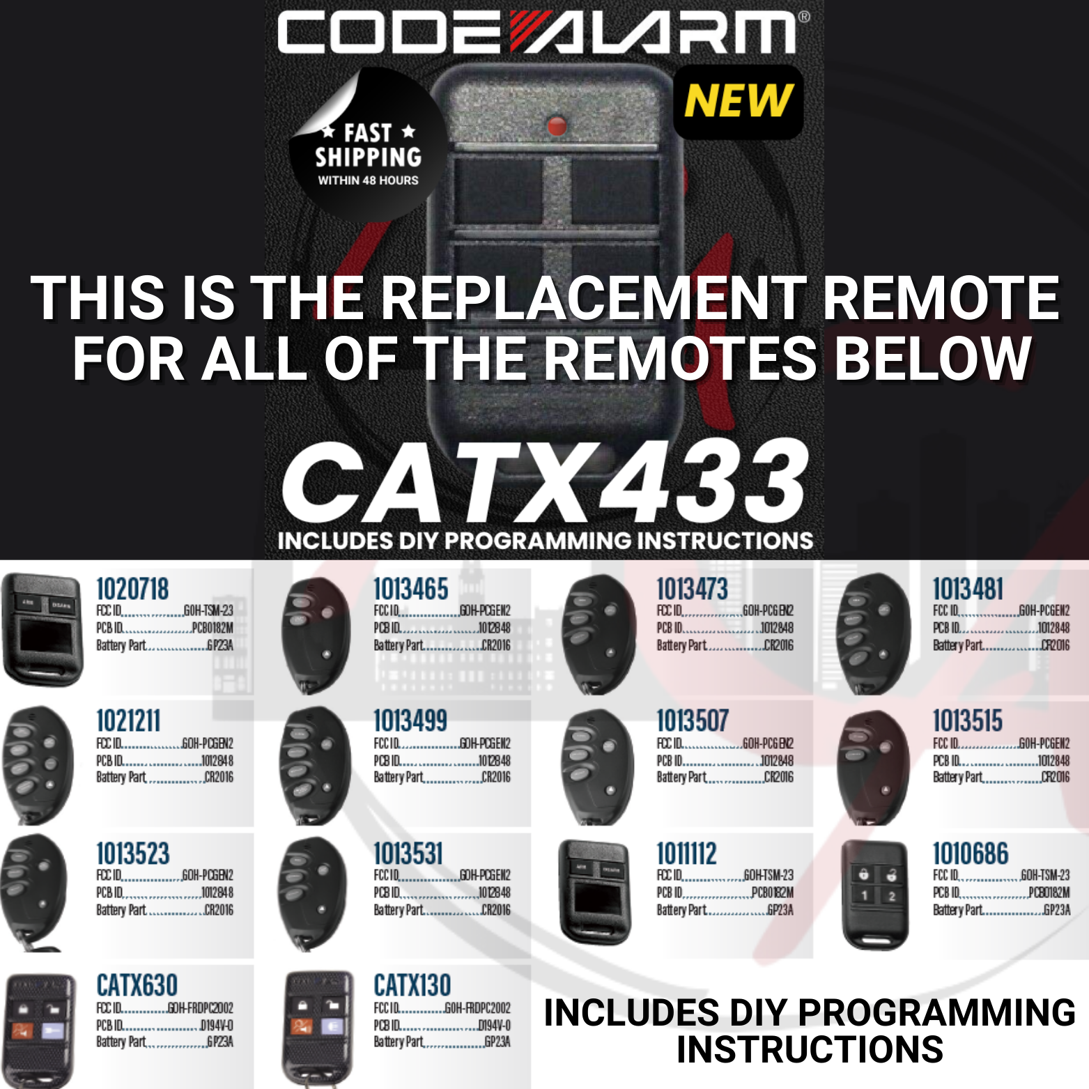 Code Alarm CATX433 Replacement Remote FCC ID: ELVATPA or GOH-FRDPC2002 ...