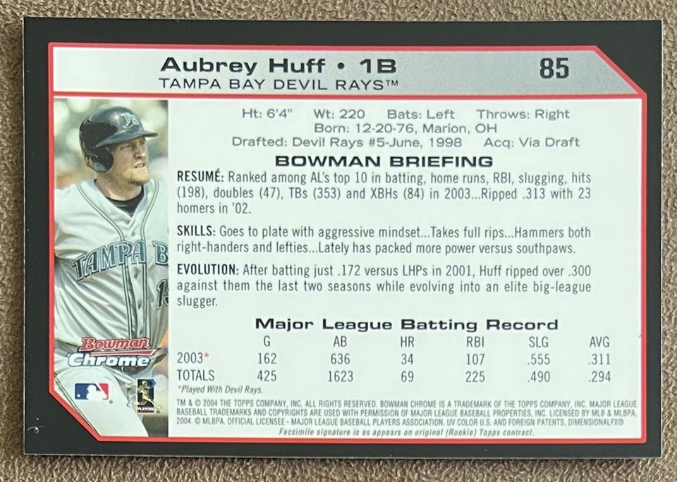 2004 Bowman Chrome Aubrey Huff Tampa Bay Devil Rays #85 Topps MLB ...