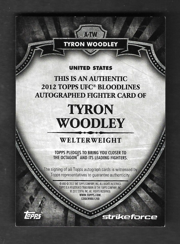 TYRON WOODLEY 2012 TOPPS STRIKEFORCE SP AUTOGRAPH AUTO CARD #'D /449 ...