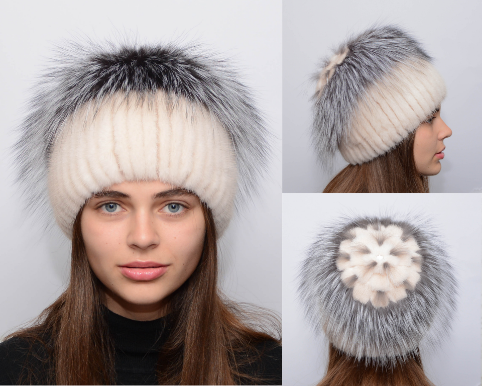 Womens Real Mink Fur Hat with Silver Fox Knit Winter Fur Hat Luxury ...