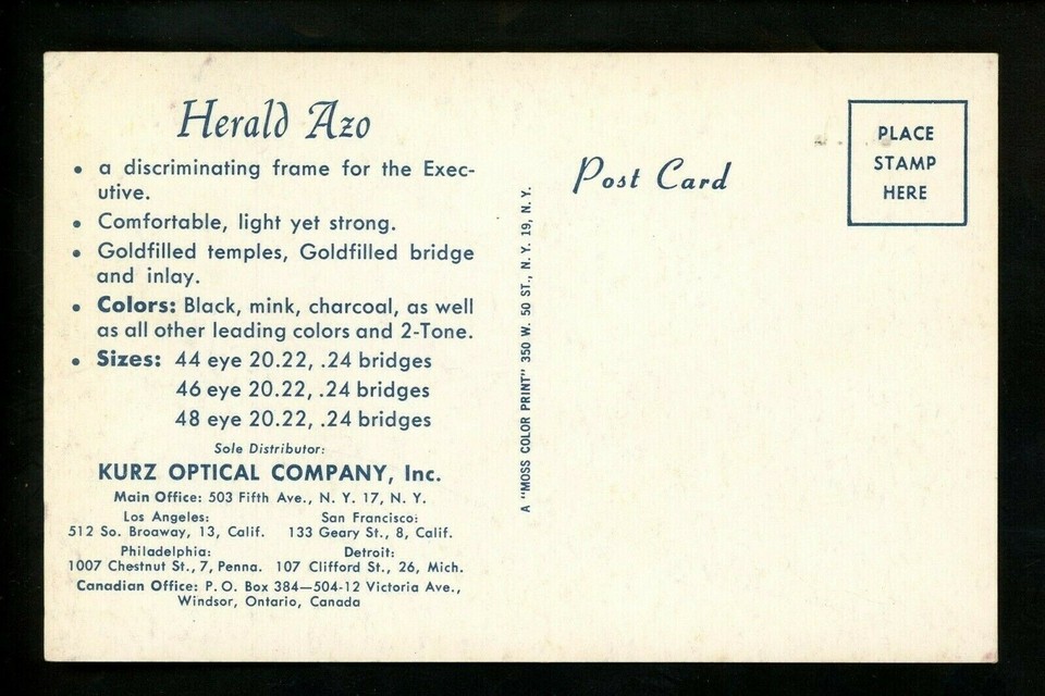 Optical Eye Postcard Advertising Glasses Kurz Optical Co New York NY ...