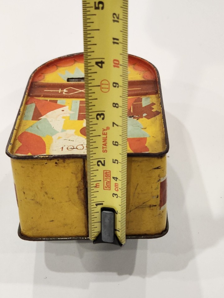 Vintage Antique Tin Litho Dime Coin Bank WITH KEY - Gnomes with Money ...