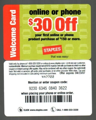 STAPLES Welcome Card ( 2007 ) Rewards / Loyalty Card ( $0 - NO VALUE ...