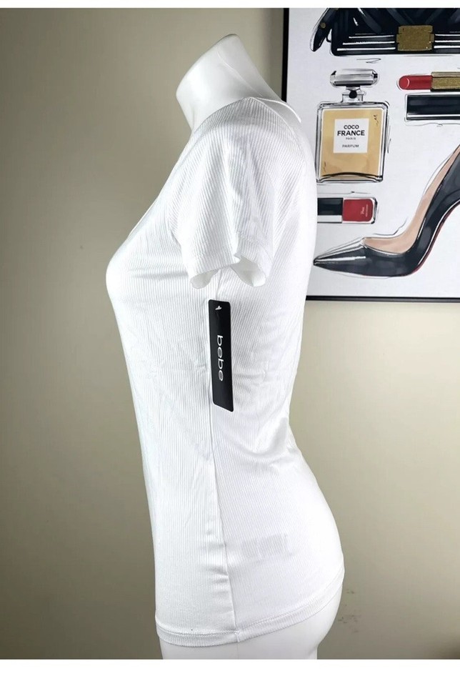 New BEBE Rhinestone Logo top tee square neck white size M | eBay