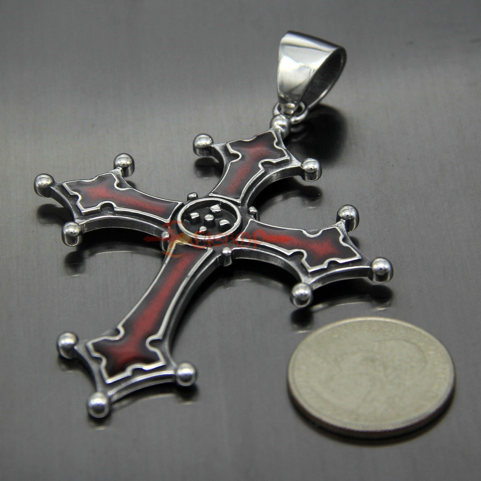 Large Classic Red Enamel Stainless Steel Cross Men Necklace Chain ...