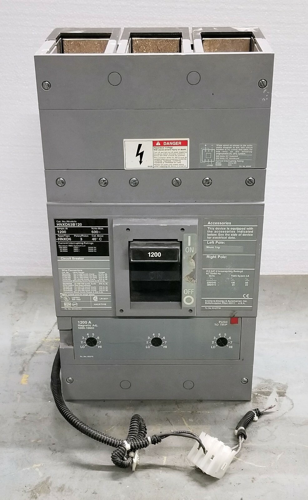 Siemens 1200A 600V 3P Breaker w/Shunt Trip HNXD63B120 | eBay
