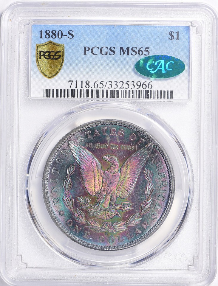 1880 S Morgan Silver Dollar PCGS MS65 CAC Rainbow Toned Monster Coin In ...
