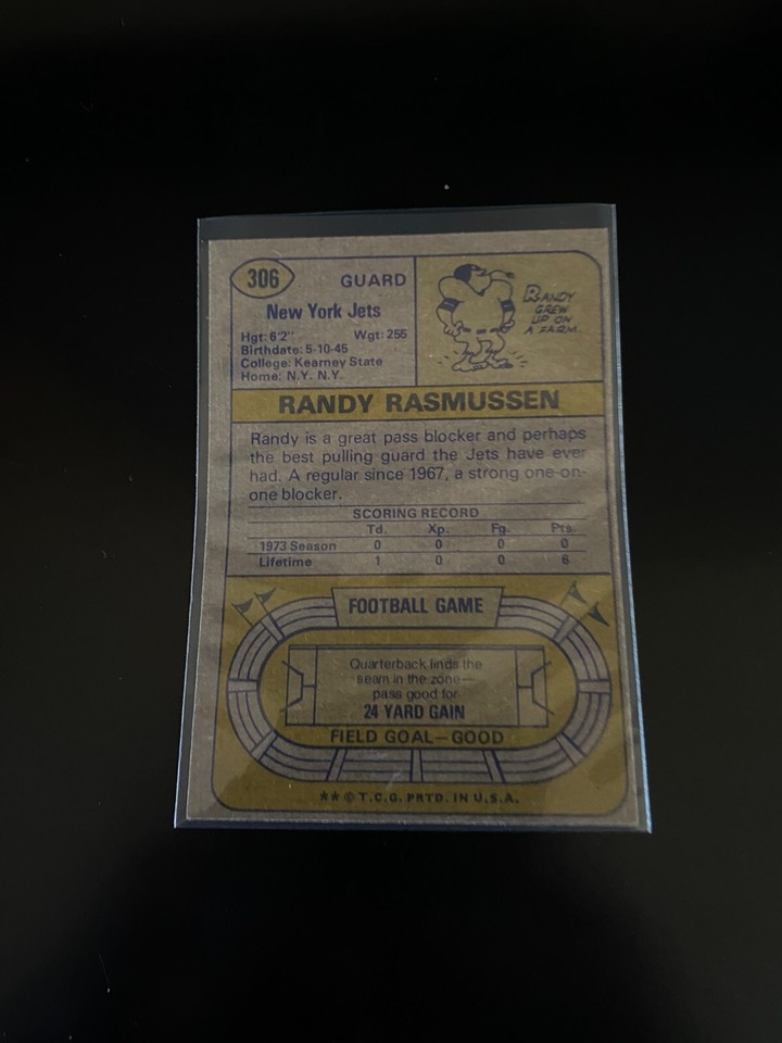 Randy Rasmussen 1974 Topps Football Card Jets 306 NRMT+ PWE | eBay