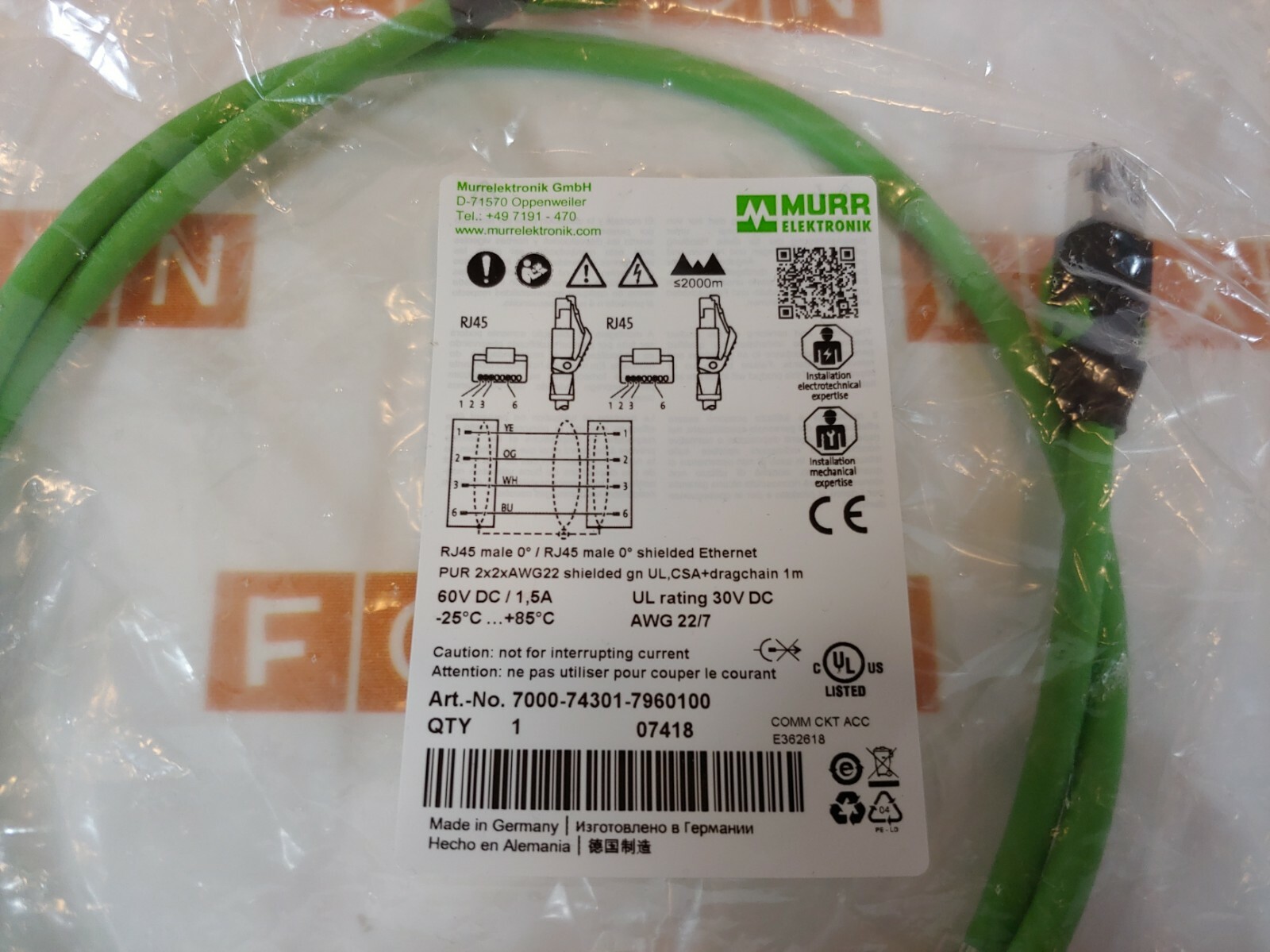 MURR 7000-74301-7960100 Cable RJ45 male 0° / RJ45 male 0°, Ethernet, 1M ...