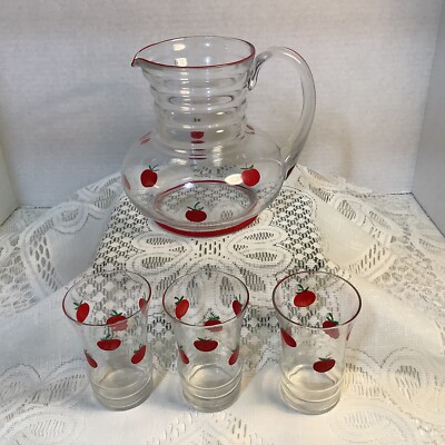 Vintage Dunbar Aramis Ring Red Tomato Juice Pitcher and 3 Juice Glass ...