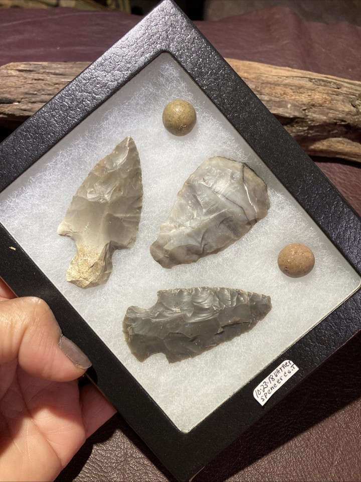 Native American Indian Arrowheads, Scraper And Clay Marbles In A Frame ...