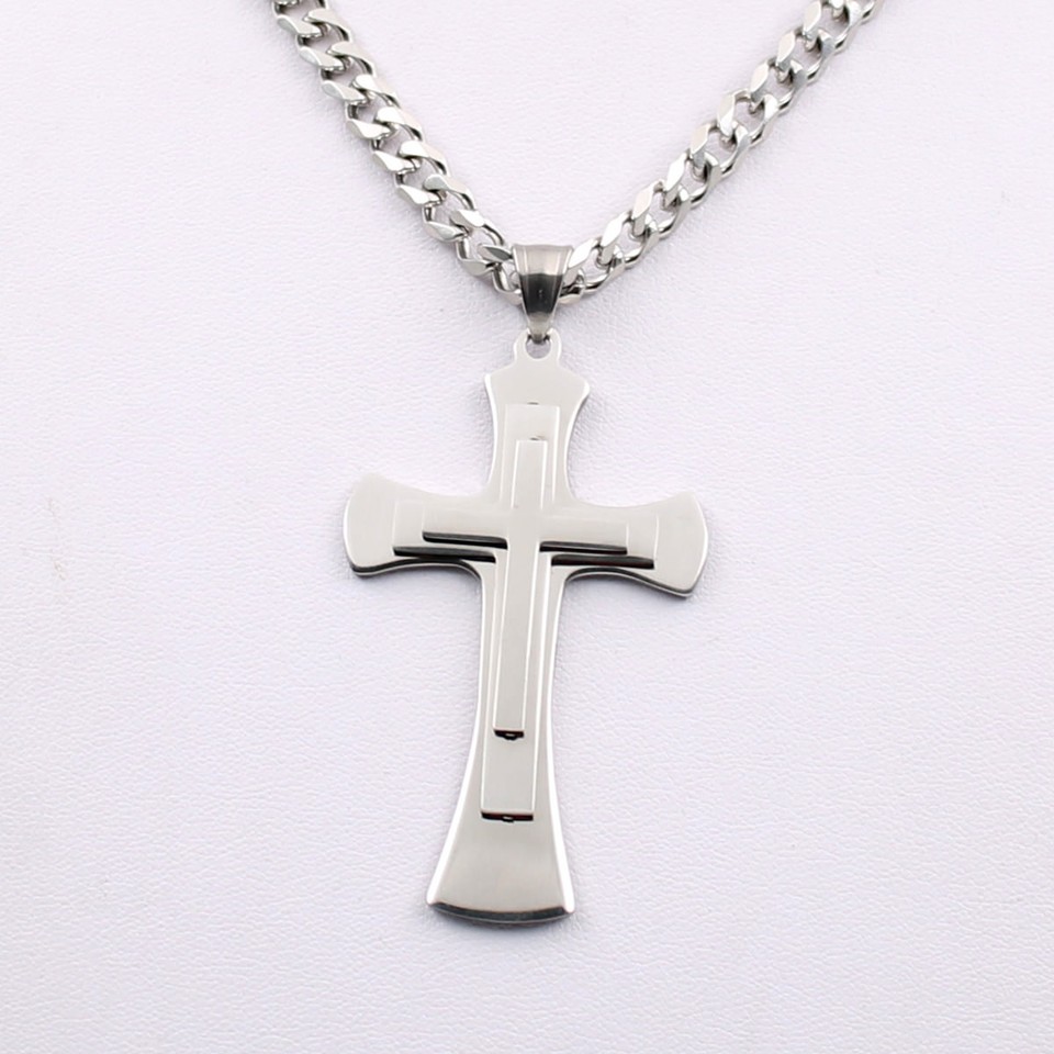 3-layer combination Cross pendant necklace charm Curb chain stainless ...
